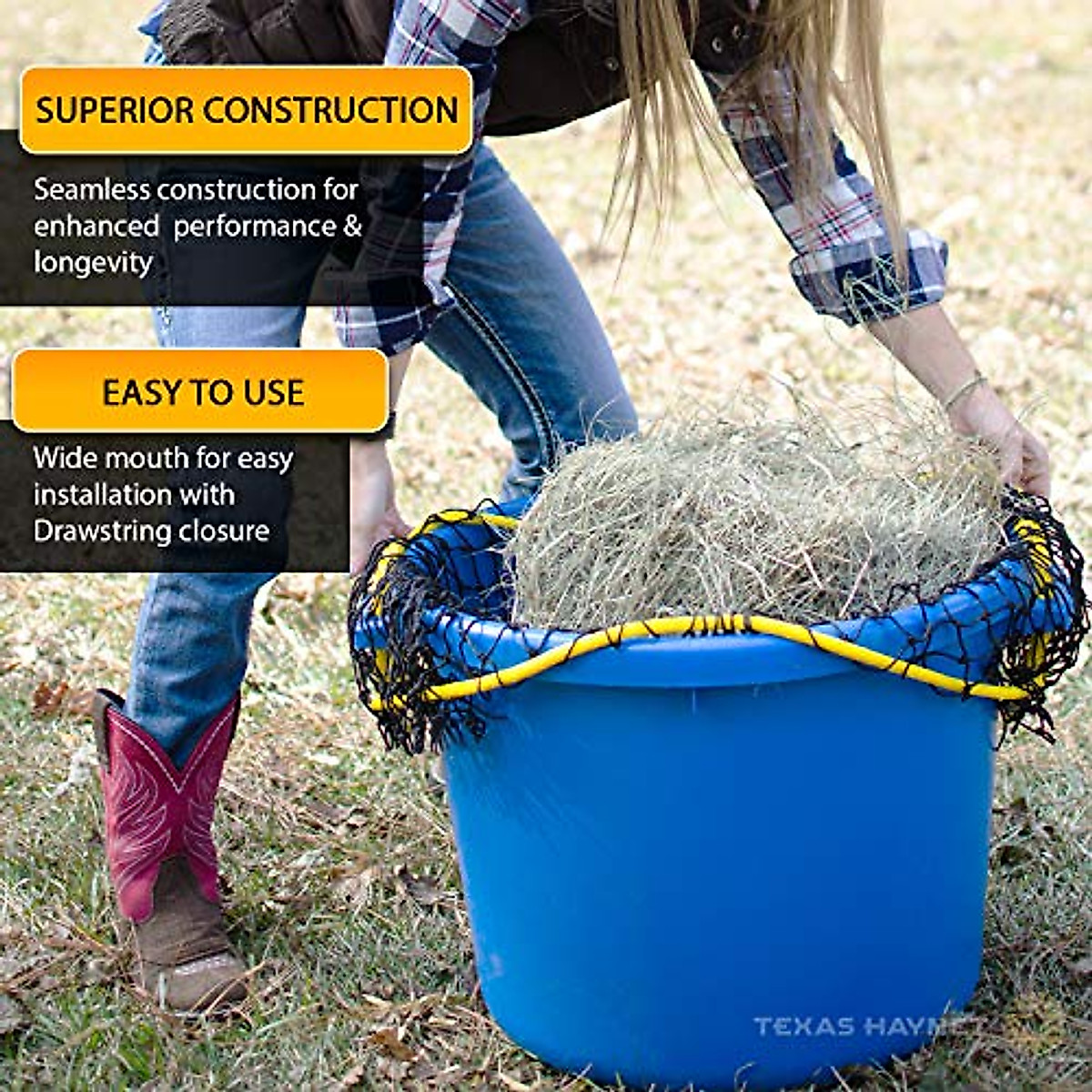 Texas Haynet - Small Hole Slow Feeder Hay Net - American Made Nylon Rope Haynet for Horses - Perfect for Trailering - Easily Holds 2 to 4 Flakes with 1.5” Holes