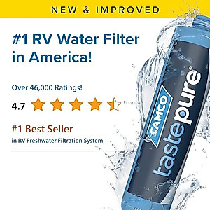 Camco TastePURE RV Water Filter - New & Advanced RV Inline Water Filter with Flexible Hose Protector - GAC & KDF Water Filter - Made in USA - Camping Essentials for Fresh Drinking Water (40043)