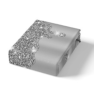 Silver Glitter Print (No Glitter) Bedding Sheet Bling Party Decorations Grey Fitted Sheet for Girls Diamond and Jewelry Bed Sheet Set Fitted Sheet Queen Size