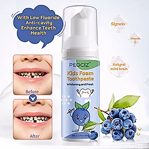Foam Toothpaste Kids, Children Whitening Toothpaste with Low Fluoride & Natural Formula to Reduce Plaque, Toddler Foaming Toothpaste for U Shaped Toothbrush for Kids Ages 3 and Up (Blueberry)