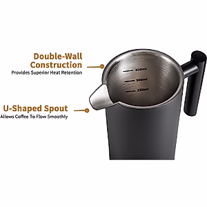 Miuly Black Coffee Press, Stainless Steel French Press Coffee Maker, Double Wall Insulated French Press 350ml/12oz with 2 Filter Mesh Small Coffee Pot(12oz, Black)