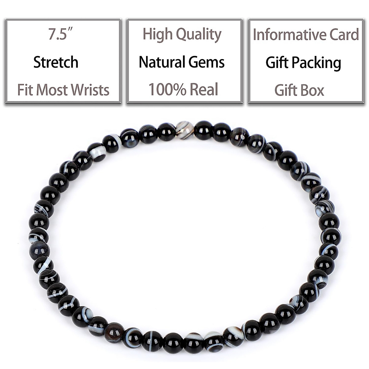 QOGIR Evil Eye Agate Bracelet - Ultimate Protection Bracelet for Women Men - Handmade Natural Gem Stone Beaded Stretch Elastic Healing Bracelets 4mm