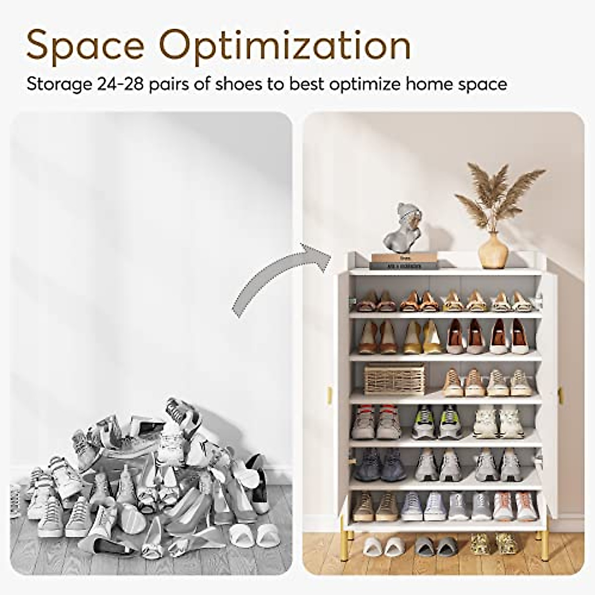 LITTLE TREE Shoe Cabinet for Entryway: 6-Tier Shoe Organizer Cabinet Narrow Slim, Freestanding Wood Shoe Rack with Doors Adjustable Shelves for Hallway, Closet, Living Room