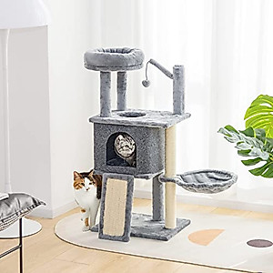 TSCOMON 36.6" Multi-Level Cat Tree Cat Tower for Indoor Cats, Plush Perch with Cat Condos and Scratching Posts with Hammock Basket and Hanging Ball, Grey