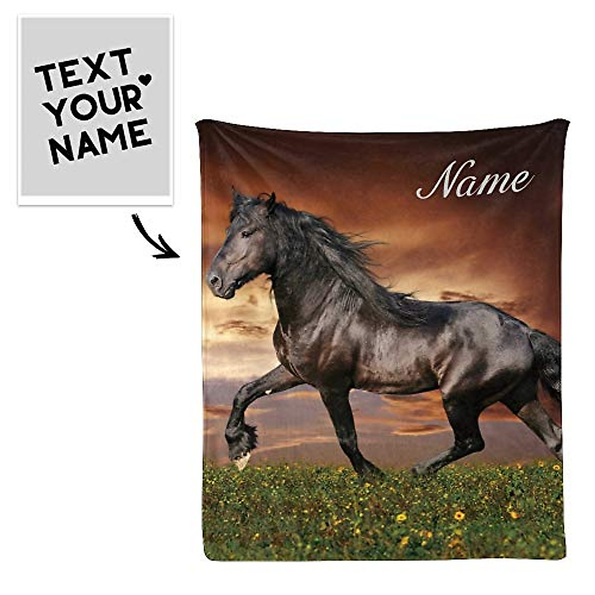 CUXWEOT Custom Blanket with Name Text Personalized Running Horse Soft Fleece Throw Blanket for Gifts (50 X 60 inches)