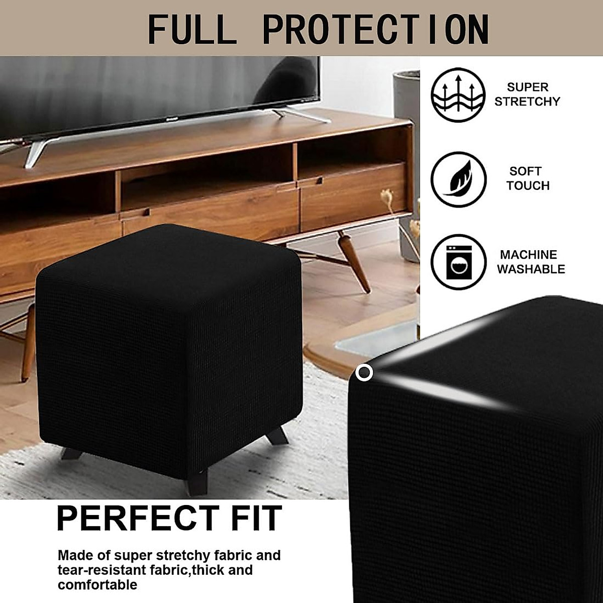 Bifaunvogel Ottoman Cover Square Folding Storage Ottoman Slipcovers Jacquard Stretch Cube Footrest Foot Stool Covers Protector with Elastic Band (Small,Black)