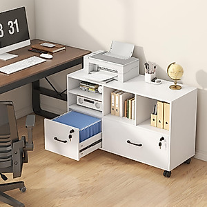 Semoic 2 Drawer Wood Lateral File Cabinet with Lock, Lockable Rolling Filing Cabinet with Open Storage Shelves, Printer Stand Office Storage Cabinet for Home Office Fits Files Legal/A4 Size, White