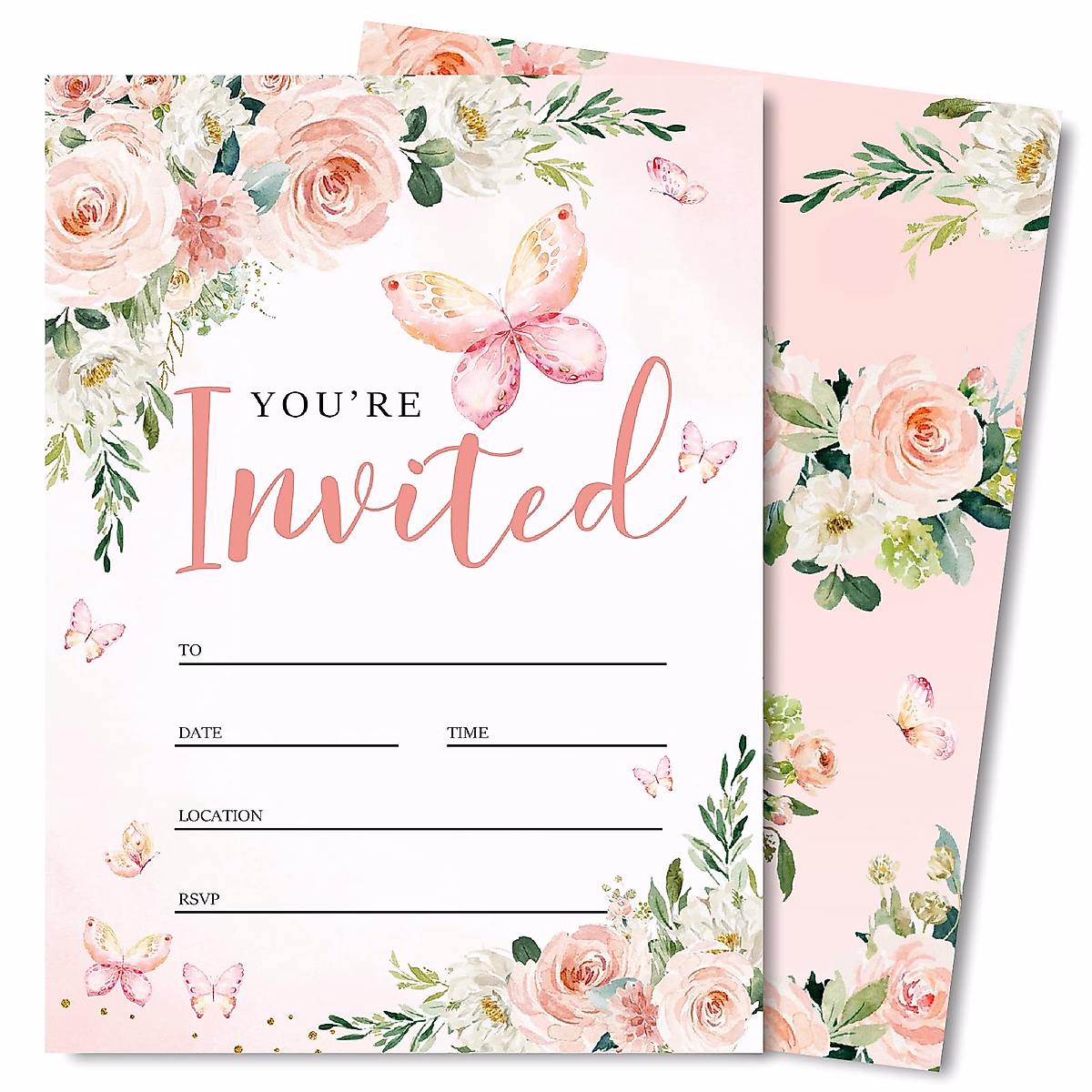 AnyDesign 20 Sets Butterfly Pink Floral Invitation with Envelopes Stickers 5 x 7 Inch Watercolor Flower Invitation Cards Blank Invites for Wedding Bridal Baby Shower Birthday Dinner Party
