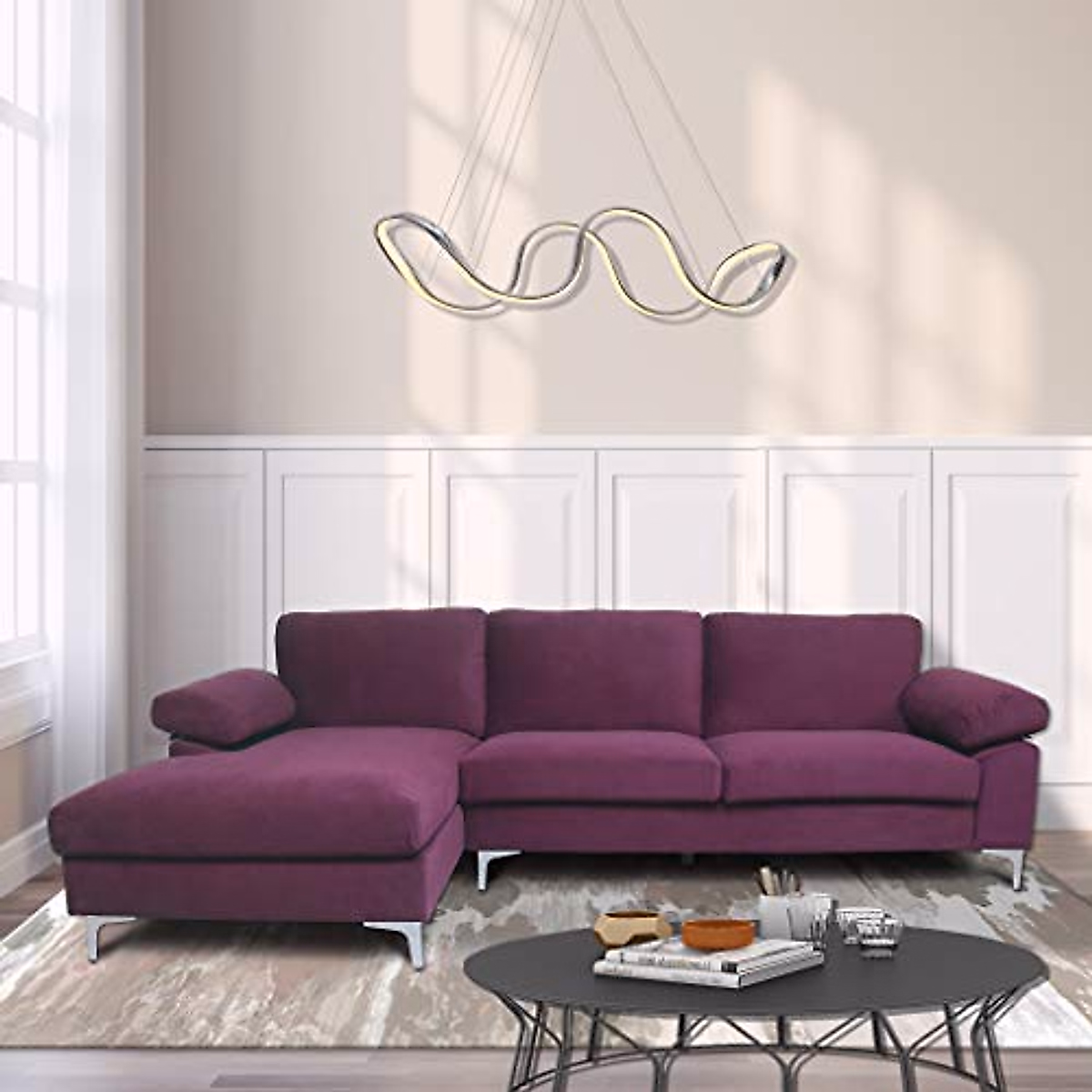 ERYE Soft Velvet Sofa with Left Lounge Chaise, L-Shaped Corner Upholstered Couch W/Pillow-Top Armrest & Silver Metal Legs for Living Room Furniture Sets Sectional, Purple 103.5" W