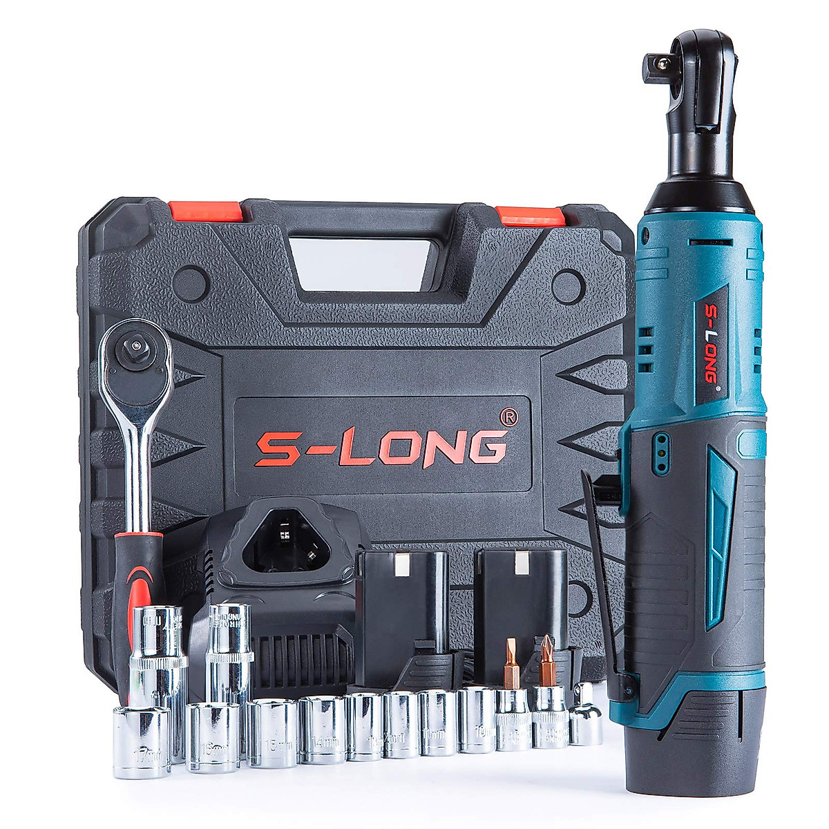 S-LONG Cordless Ratchet Wrench Set, 3/8" 400 RPM 12V Power Electric Ratchet Driver with 12 Sockets, Two 2000mAh Lithium-Ion Batteries and 60-Min Fast Charge