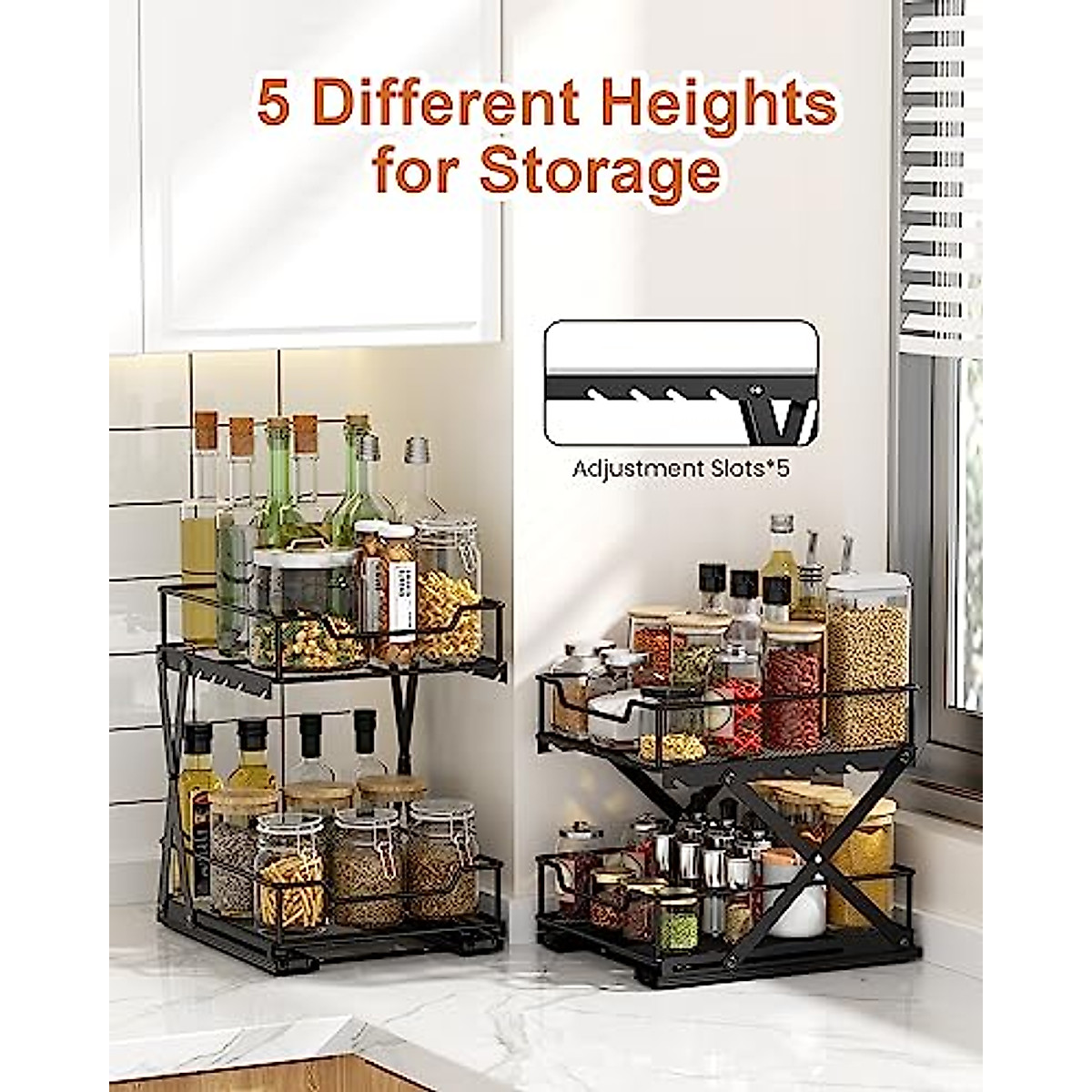 Metal Under Sink Organizer, 2 Tier Pull Out Cabinet Organizer with 5 Height Adjustable, Hold up to 80lbs, Multi-Purpose Organization and Storage For Kitchen Bathroom Pantry-Heavy Duty