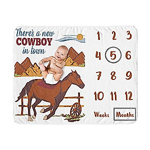 Sweet Jojo Designs Wild West Cowboy Boy Milestone Blanket Monthly Newborn First Year Growth Mat Baby Shower Memory Keepsake Gift Picture - Red Blue and Tan Western Southern Country Horse Mountains