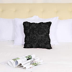PiccoCasa 3D Flowers Throw Pillow Cover, Romantic Decorative Satin Cushion Cover, Stereo Roses Pillow Cover for Bed Sofa Couch, 16'' x 16'', Black