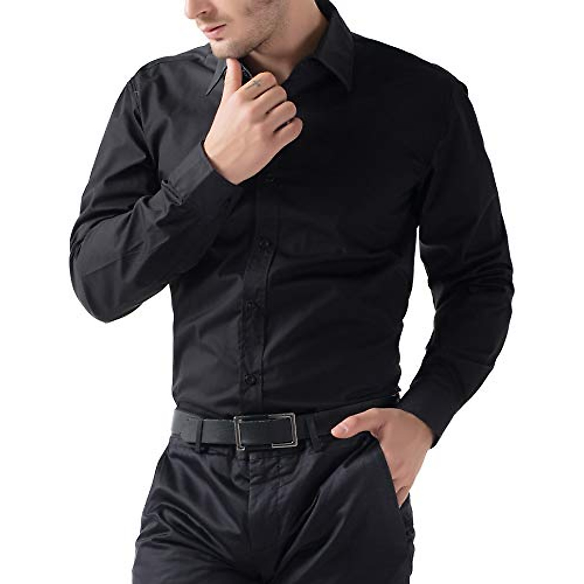 PJ PAUL JONES Men's Black Long Sleeve Button Down Dress Shirts Designer Slim Fit Dress Shirts Office Wear (Black,L)