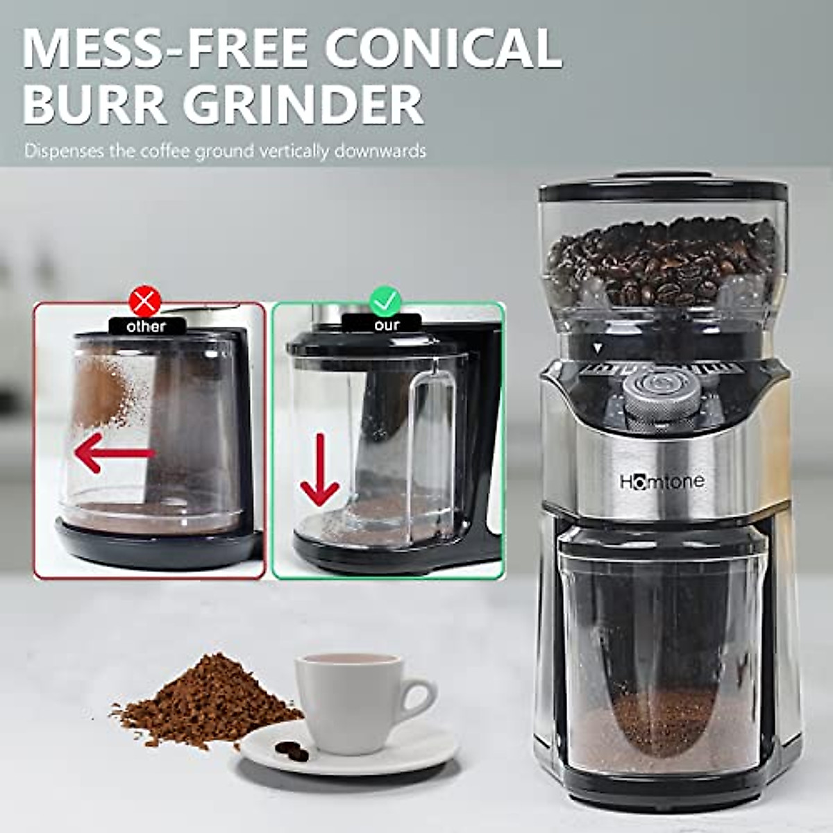 Homtone Electric Coffee Grinder Conical Burr, Adjustable Stainless Steel Burr Coffee Grinder with 14 Precise Grind Setting, 12 Cup Coffee Grinder for Espresso, Drip Coffee, French Press