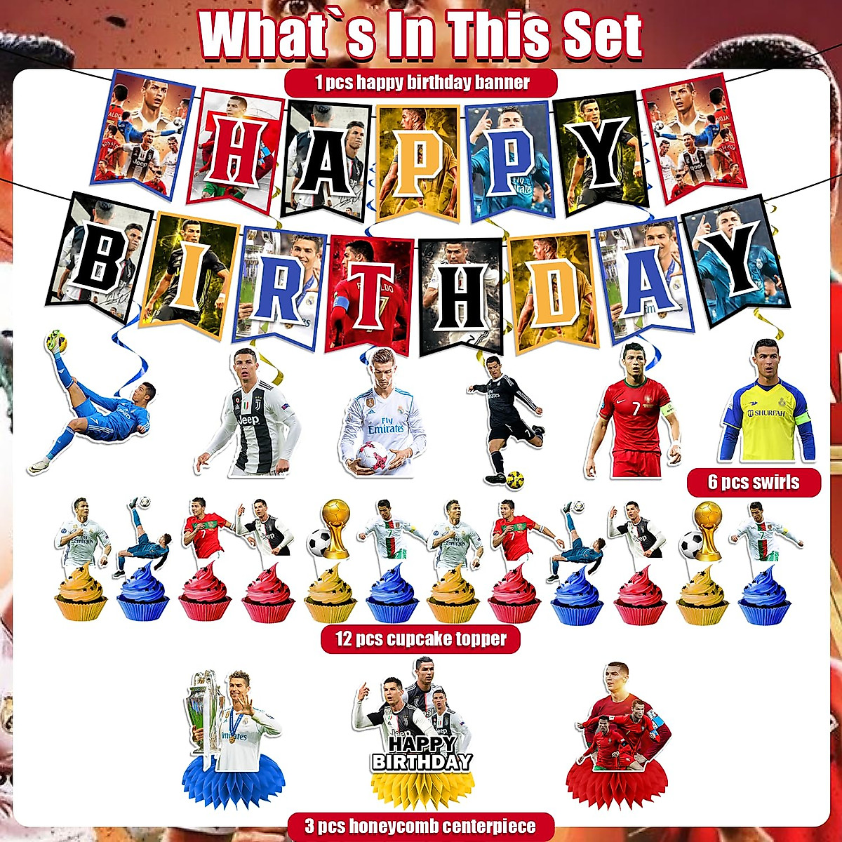 22pcs Soccer Star Party Decorations, Soccer Star Birthday Party Decorations Set includes Soccer Star Cupcake Topper, Banner, Centerpieces and Hanging Swirls, Soccer Star Birthday Decorations