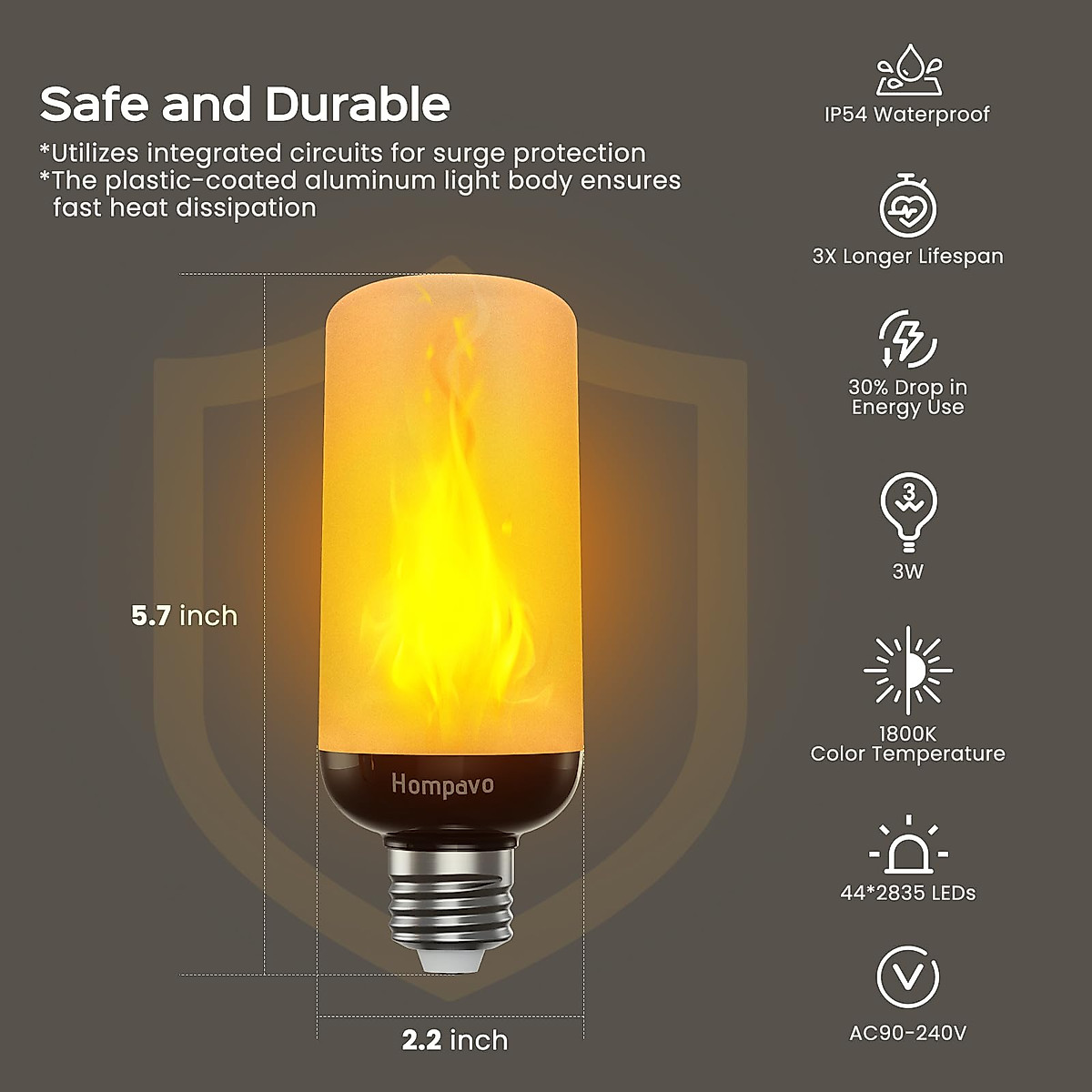 Hompavo Gen2 LED Flame Light Bulbs, Like Real Fire 4-Mode Flickering Light Bulbs with Upside Down Effect, E26 Flame Bulb for Halloween Christmas Party Patio Porch Home Indoor & Outdoor Decorations, 2