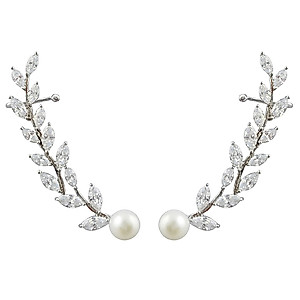 SELOVO Ear Cuff CZ Crystal Simulated Pearl for Pierced Ear Climber Wrap Earrings Silver Tone