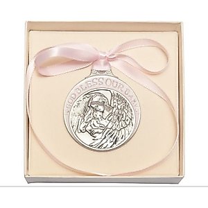 Baby with Guardian Angel Pewter Crib Medal with Pink Ribbon - Boxed.