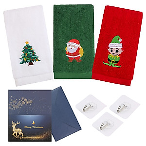 Ruiyun Christmas Kitchen Hand Towels with Christmas Card and Wall Hooks, 3 Pack 1OO% Cotton Super Soft, Absorbent, Drying, Cleaning for Kitchen, Dish, Bathroom, Embroidered Xmas Decoration Party