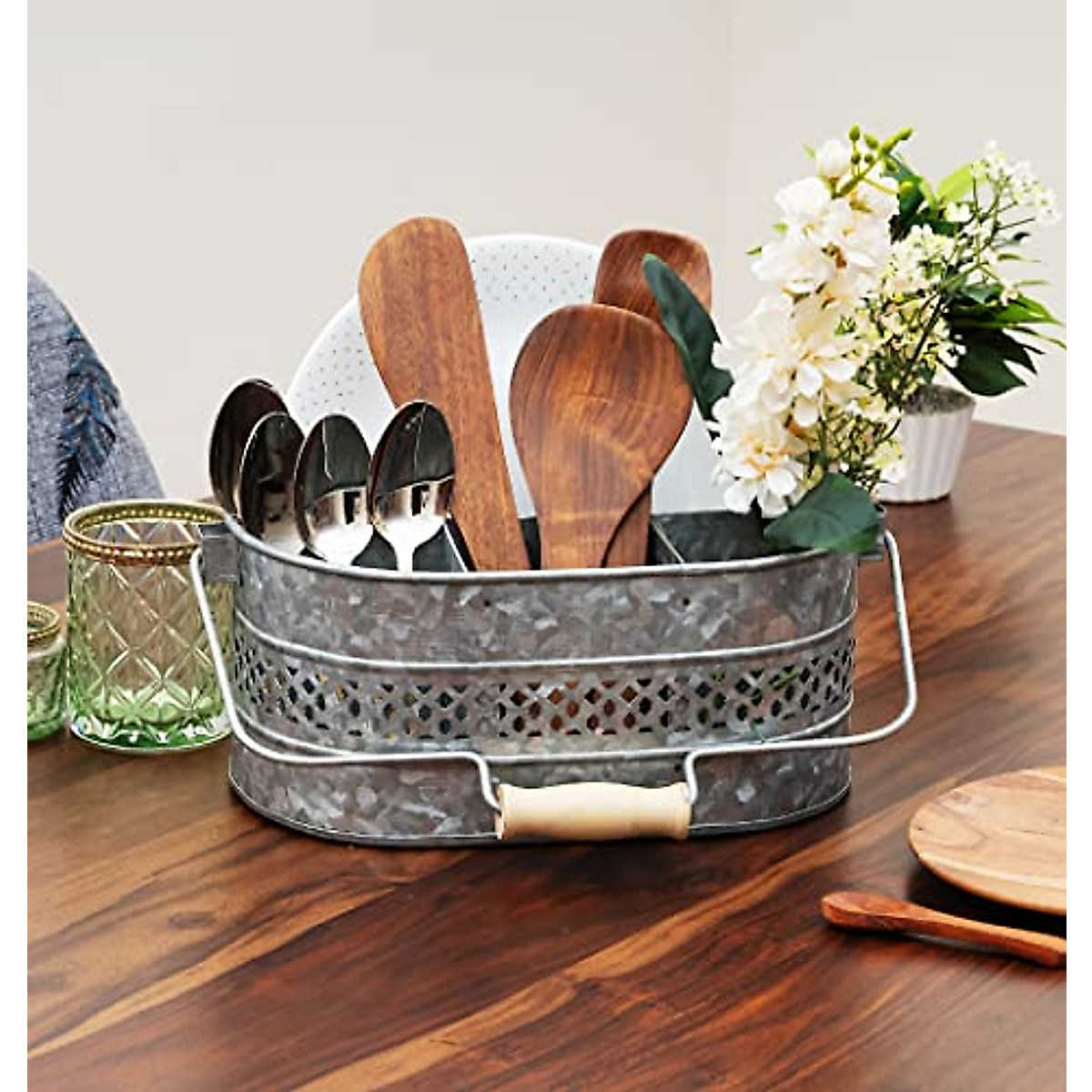 THE ARTIQUE Handmade Caddy, Farmhouse Utensil Caddy, Picnic Utensil Holder, Desk Organizer, Condiments Caddy, Flatware Caddy For Party, Kitchen Utensils Organizer Caddy With Handle- Antique Silver