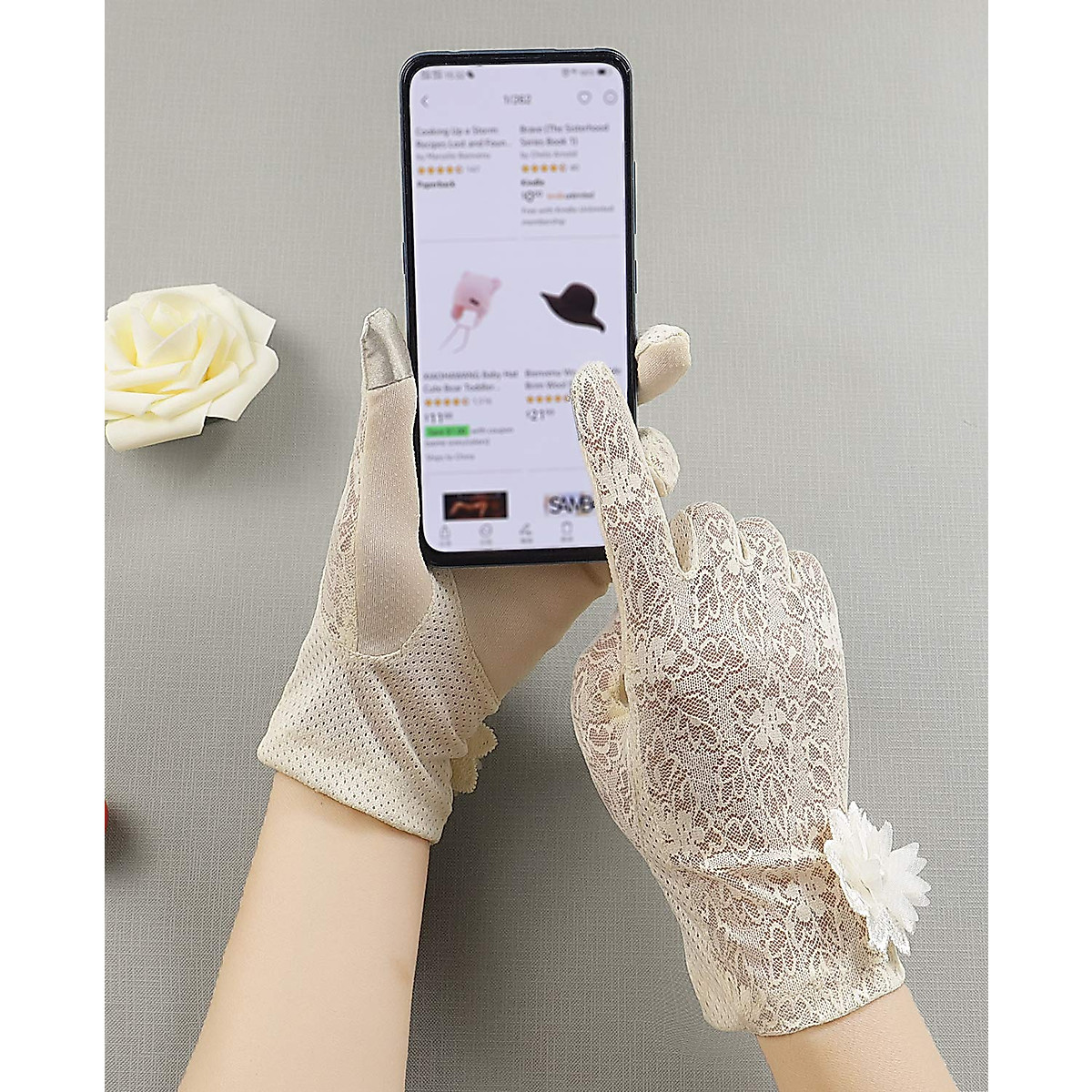 Women's Summer Touch Screen Gloves Lace Anti-skid Outdoor Driving Tea Party Gloves, Beige