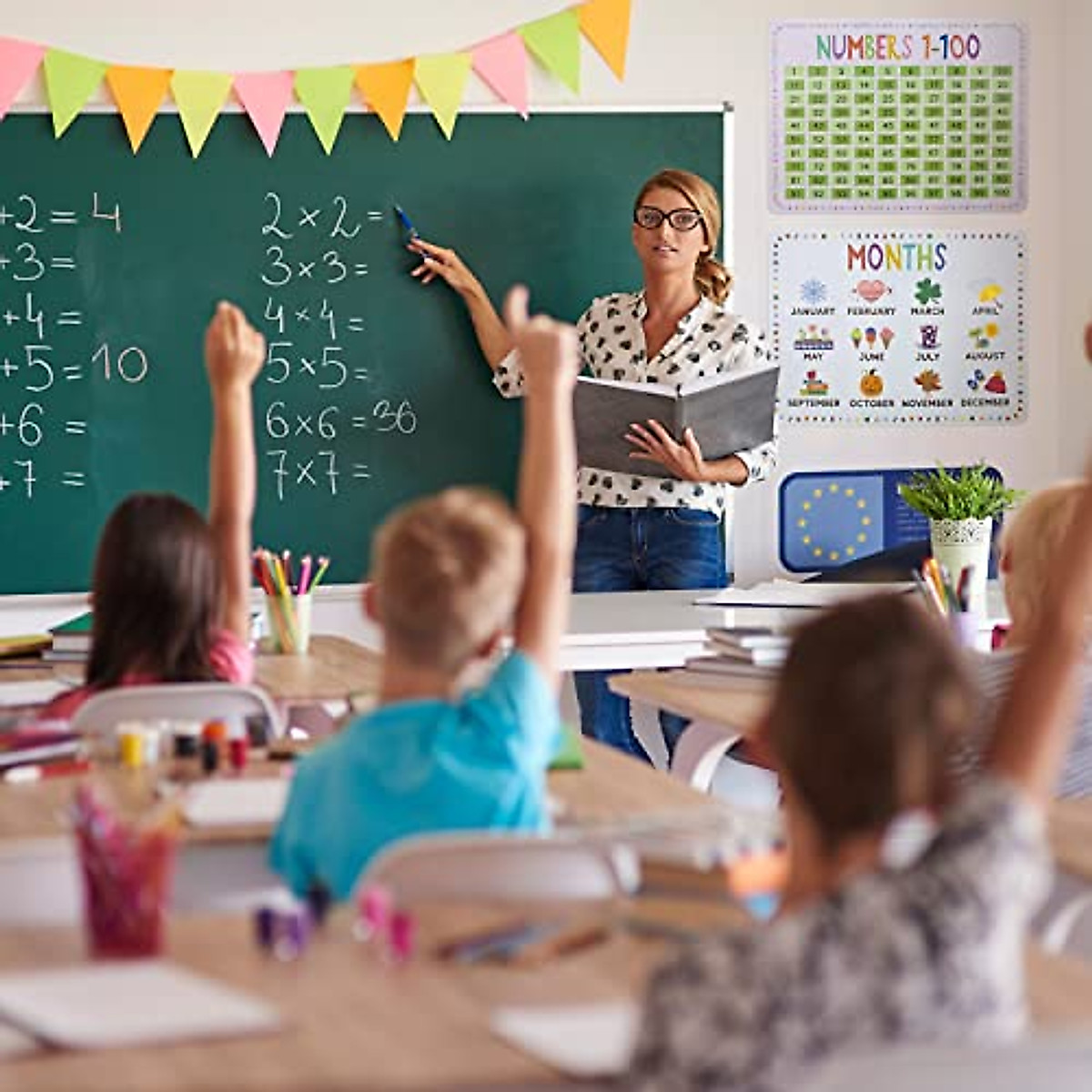 8-Pack Reversible Classroom Wall Posters 22" x 17" - Learn The Alphabet, Colors, Days, Months, Numbers, Shapes, & USA Map - Educational Posters by Pint-Size Scholars