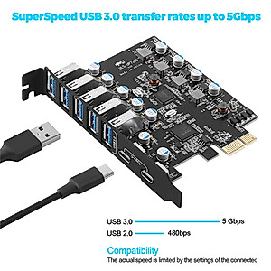 PCI-E to USB 3.0 7-Port(2X USB-C - 5X USB-A) Expansion Card,PCI Express USB Add in Card, Internal USB3 Hub Converter for Desktop PC Host Card Support Windows 10/8/7/XP and MAC OS 10.8.2 Above