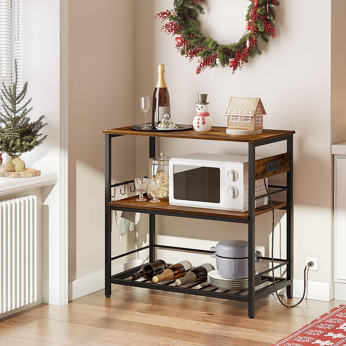 HOOBRO Kitchen Island with Storage, Kitchen Island Table with Power Outlet, 35.4" L 3 Tier Coffee Station and Microwave Stand, for Home, Kitchen and Dining Room, Rustic Brown and Black BF021ZD01