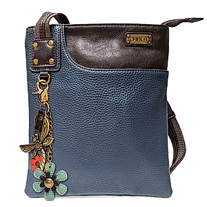 Chala Small Crossbody Phone Purse | SOFT Vegan Leather SWING Bag in Navy Blue Color (Dragonfly with Teal Flower)
