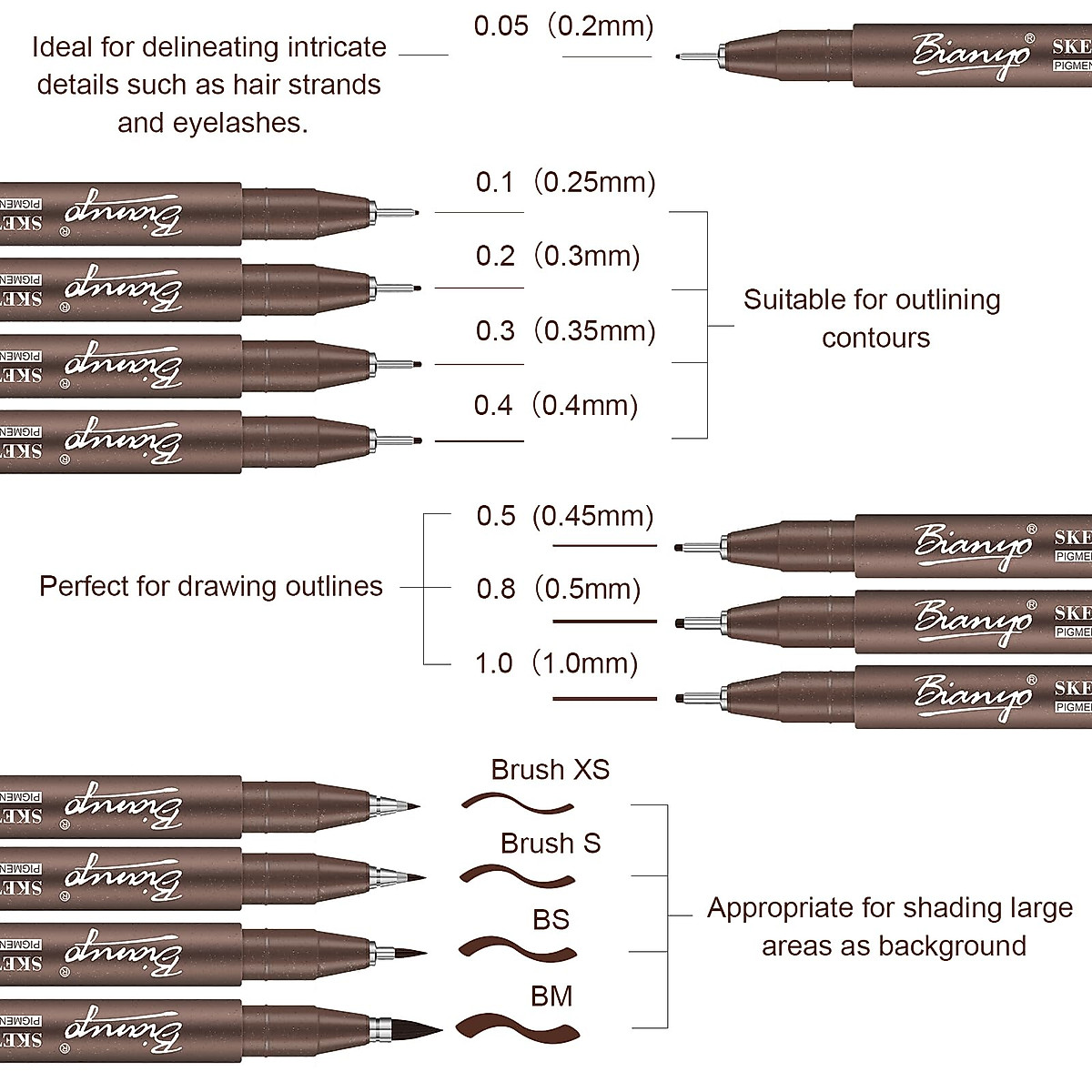 Bianyo Sepia Pigment Ink Micro-Pen Fineliners, 9 Assorted Sizes with a Zipper Pouch, Water-Resistant Archival Ink Pens for Drawing, Sketching, Bullet journaling, Note-taking, Accounting, Handwriting