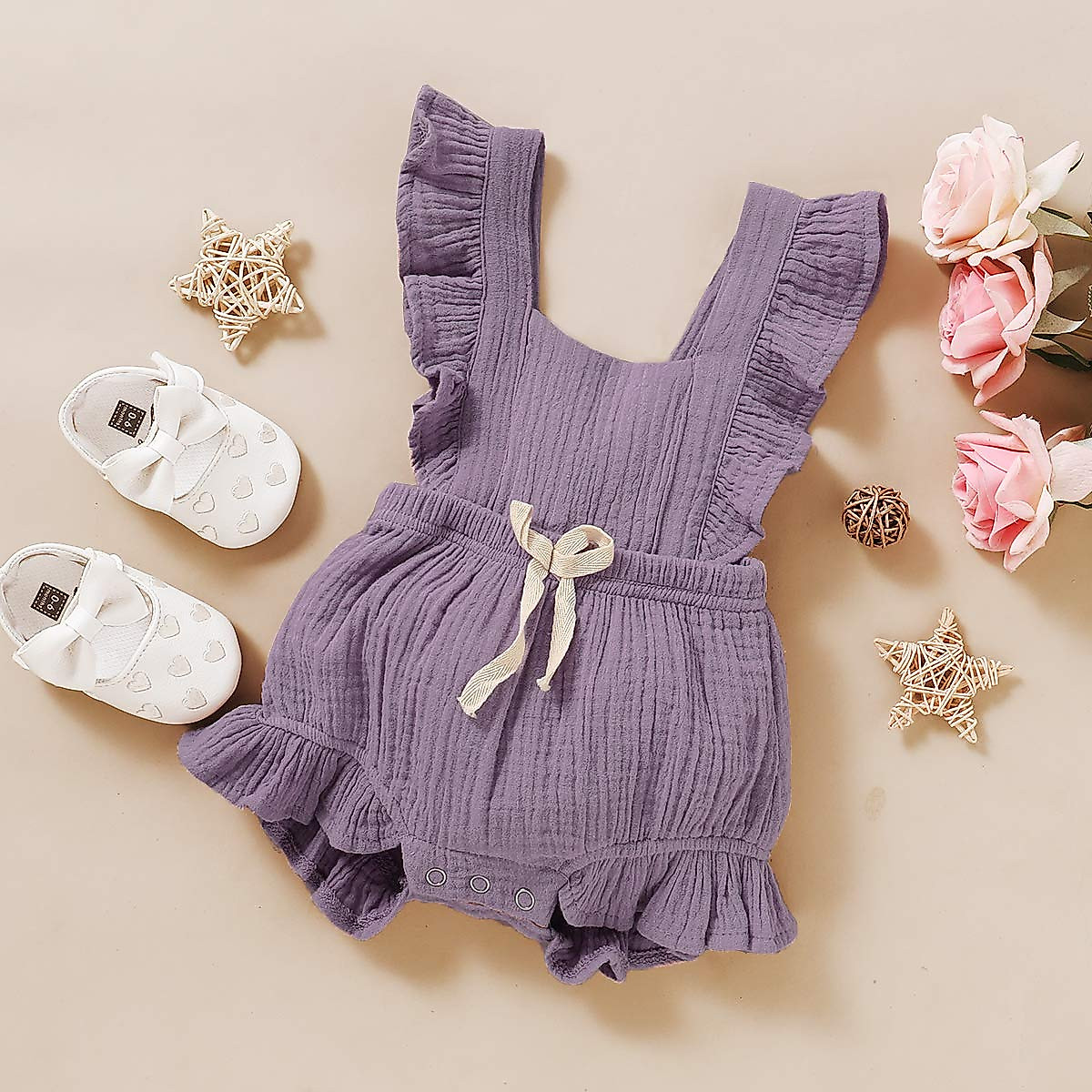YOUNGER TREE Toddler Baby Girl Ruffled Sleeveless Romper Casual Summer Jumpsuit Cotton Linen Clothes (Light Purple, 12-18 Months)
