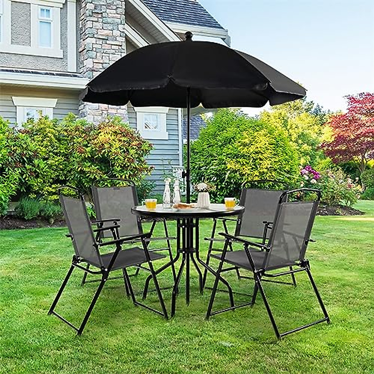 TKFDC 6 PCS Patio Dining Set Folding Chairs Glass Table Tilt Umbrella Garden