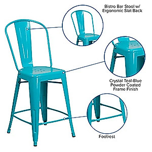 EMMA + OLIVER Commercial Grade 24" H Teal-Blue Metal Indoor-Outdoor Counter Stool w/ Back
