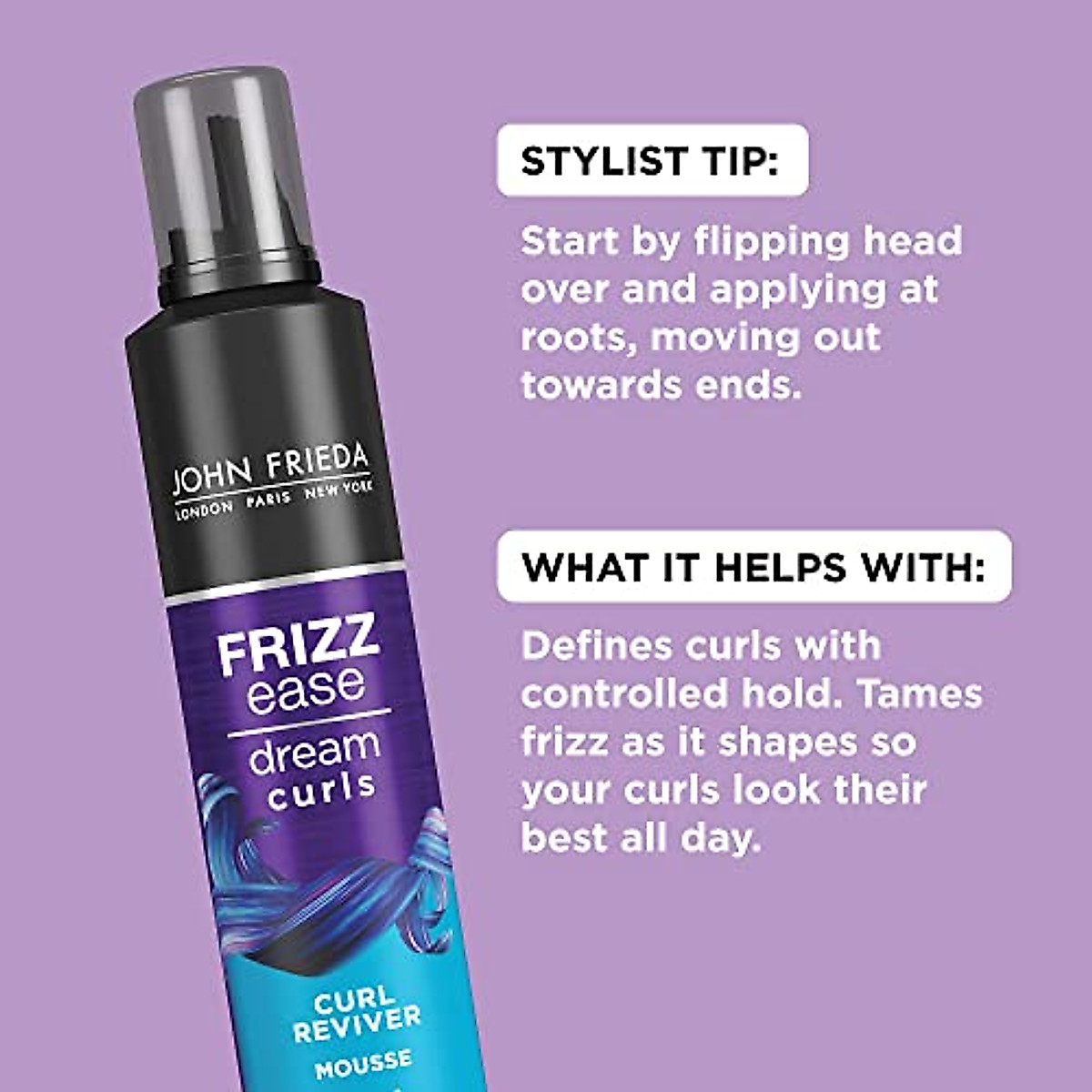 John Frieda Frizz Ease Curl Reviver Mousse, Enhances Curls, Soft Flexible Hold, Mousse for Curly or Frizzy Hair, 7.2 Ounces, Alcohol-Free
