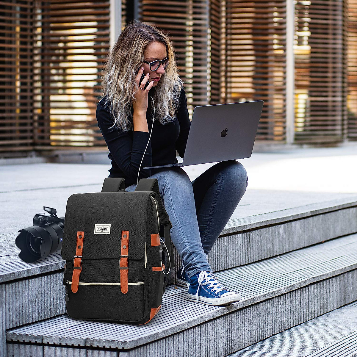 JOYHILL Vintage Laptop Backpack for Men Women, Unisex Fashion School College Rucksack, Travel Backpack Fits 15.6 Inch Laptop