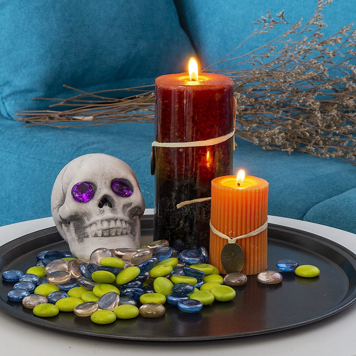 2 LB Floral Glass Gems Stones Flat Marbles Beads Mixed Green,Royal Blue,Peach for Vases Bowl Fillers,Crafts,Table Scatter,Home Centerpieces,Aquarium,Fairy Garden,Candle Holder