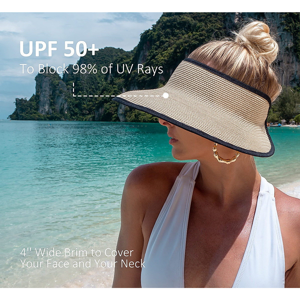 Joywant Sun Visor Hats for Women, Women's Summer Ponytail Foldable Straw Beach Hat with UPF 50+ Beige