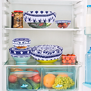 5 Pieces Bowl Covers Reusable, 5 Size Stretch Cloth Bowl Covers for Bread Proofing Cotton Fabric Elastic Bowl Covers Reusable Food Covers Washable for Food Fruits Leftover (Blue)