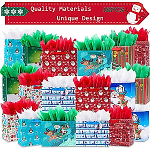 Elephant-package 18 Pack Christmas Gift Paper Bags with Tissue Papers Bulk, Medium Christmas Gift Bags Assorted Desgins with Handles and Tags Christmas Xmas Holiday Party Supplies.