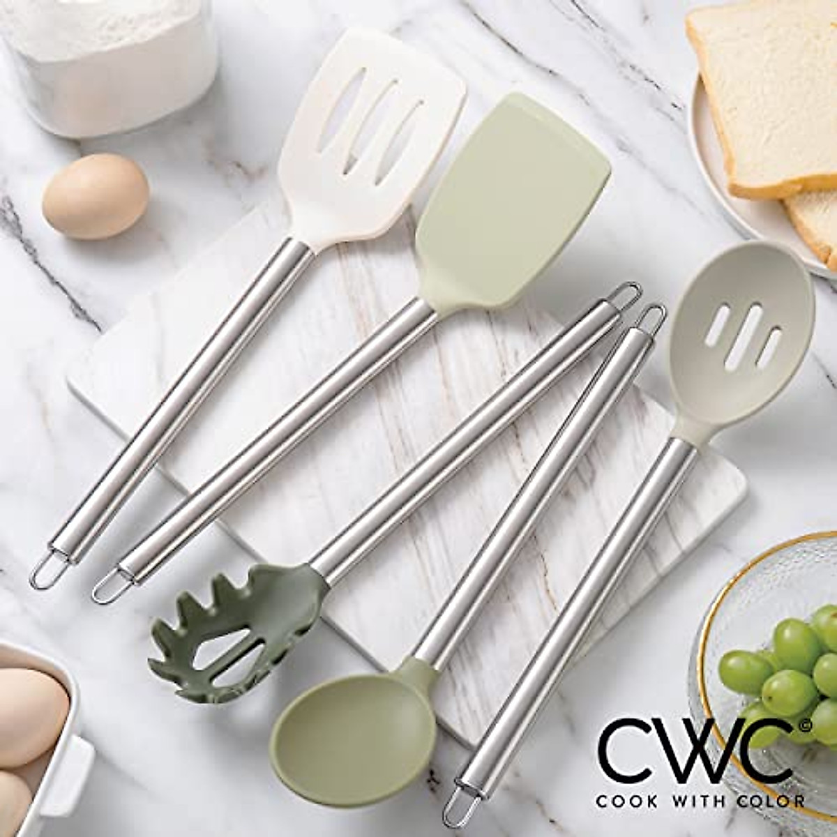 COOK WITH COLOR Silicone Cooking Utensils, Kitchen Utensil Set, Easy to Clean Silicone Kitchen Utensils, Cooking Utensils for Nonstick Cookware, Kitchen Gadgets Set, 5 Pieces, Green