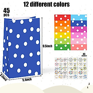 LovesTown 45PCS Paper Treat Bags with Stickers, Colorful Party Favor Bags Goody Bags Polka Dot Paper Bags for Birthday Baby Shower Wedding
