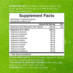Magnesium Complex Supplement 500mg, 240 Veggie Capsules – 10 in 1 – Glycinate, Citrate, Malate, & More – Chelated Minerals for Muscle & Joint Health.