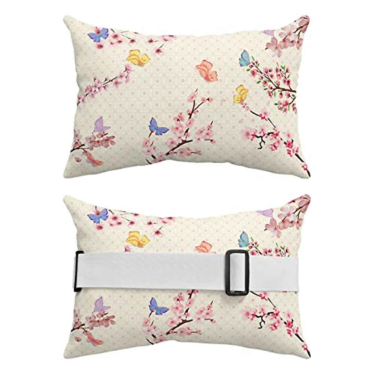 Recliner Head Pillow Ledge Loungers Chair Pillows with Insert Butterfly Cherry Blossoms Pink Beige Lumbar Pillow with Adjustable Strap Outside Patio Decorative Garden Cushion for Bench Couch, 2 PCS