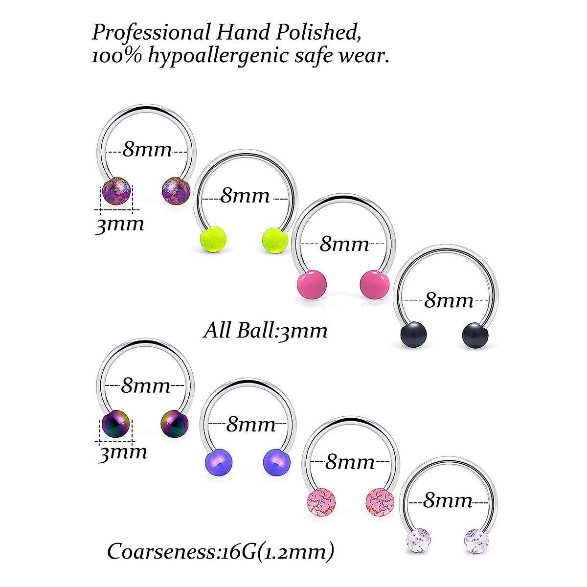 Vsnnsns 16G Surgical Steel Horseshoe Nose Septum Rings Piercing Jewelry Cartilage Helix Tragus Earring Studs Hoop Lip Horseshoe Ring Piercing Jewelry Retainer for Women Men 8mm 52pcs