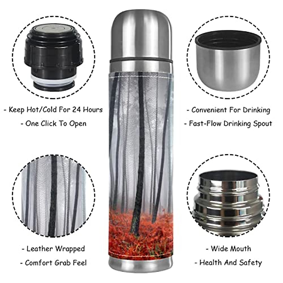 Foggy Forest Red Flowers Stainless Steel Water Bottle, Leak-Proof Travel Thermos Mug, Double Walled Vacuum Insulated Flask 17 OZ