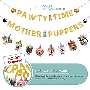 3 Pieces Let's Pawty Banner Dog Birthday Party Supplies Gold Glitter Mother Puppers Pawty Time Dog Banners for Dog Birthday Party Decorations