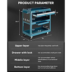 LDHTHOPI Tool Cart, 3 Tier Rolling Tool Cart with Drawers, 330 LBS Utility Tool Cart on Wheels for Mechanics, Commercial Tool Service Cart with Lock for Garage, Home, Hotel, Repair Shop, and Warehouse