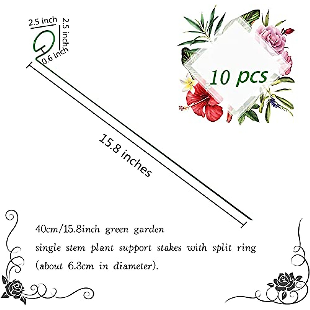 JJZJ 15.8 Inches Single Stem Plant Support Stakes Steel Garden Stakes, Pack of 10