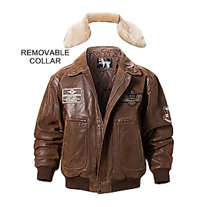 FLAVOR Men's Real Leather Bomber Jacket with Removable Fur Collar Aviator (Large, Brown)